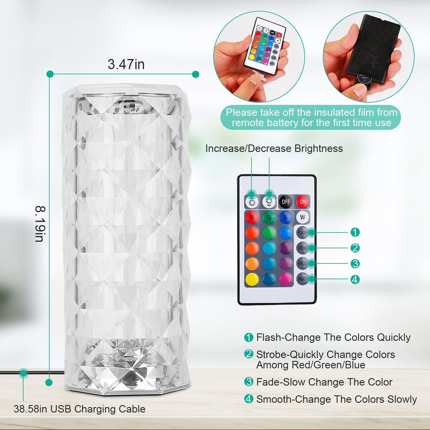 Crystal Bedside Table Lamps | 16 Colors USB Charging