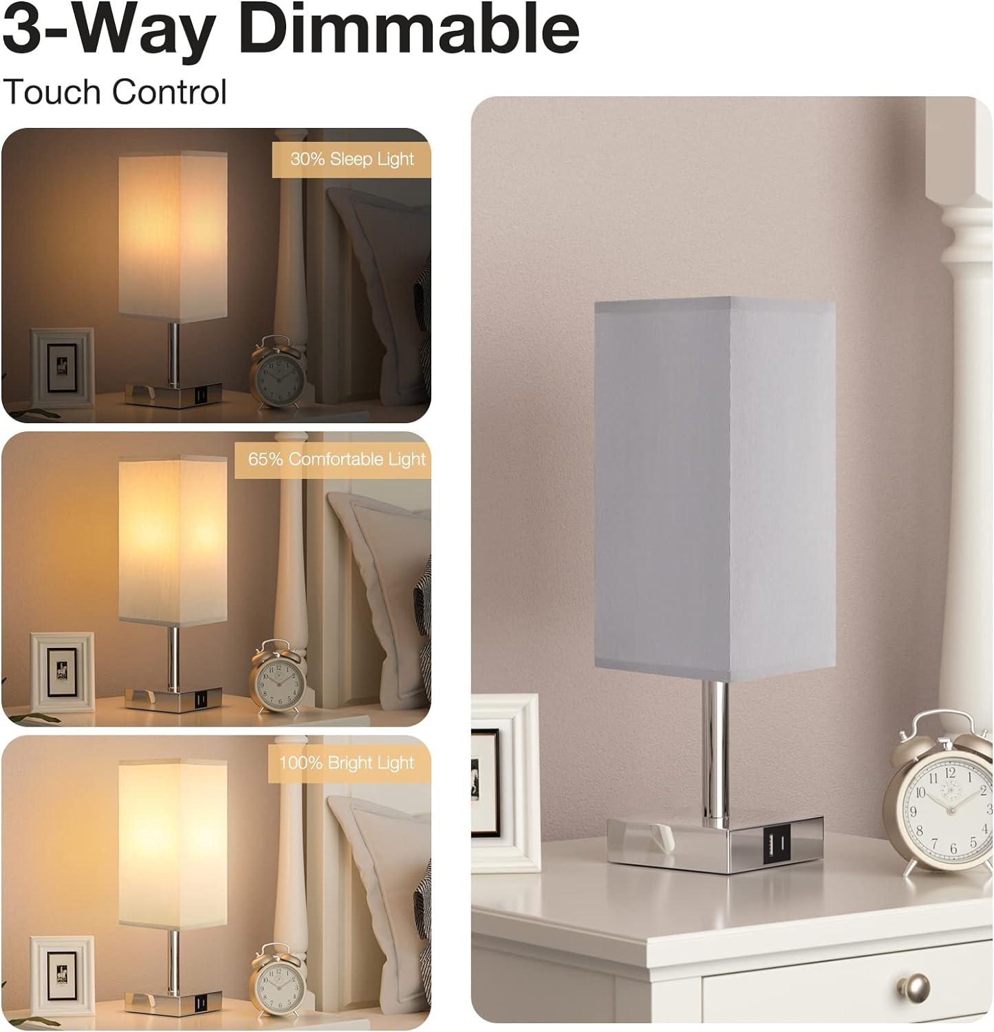 Touch Control Bedside Lamps with USB & AC Charging Ports