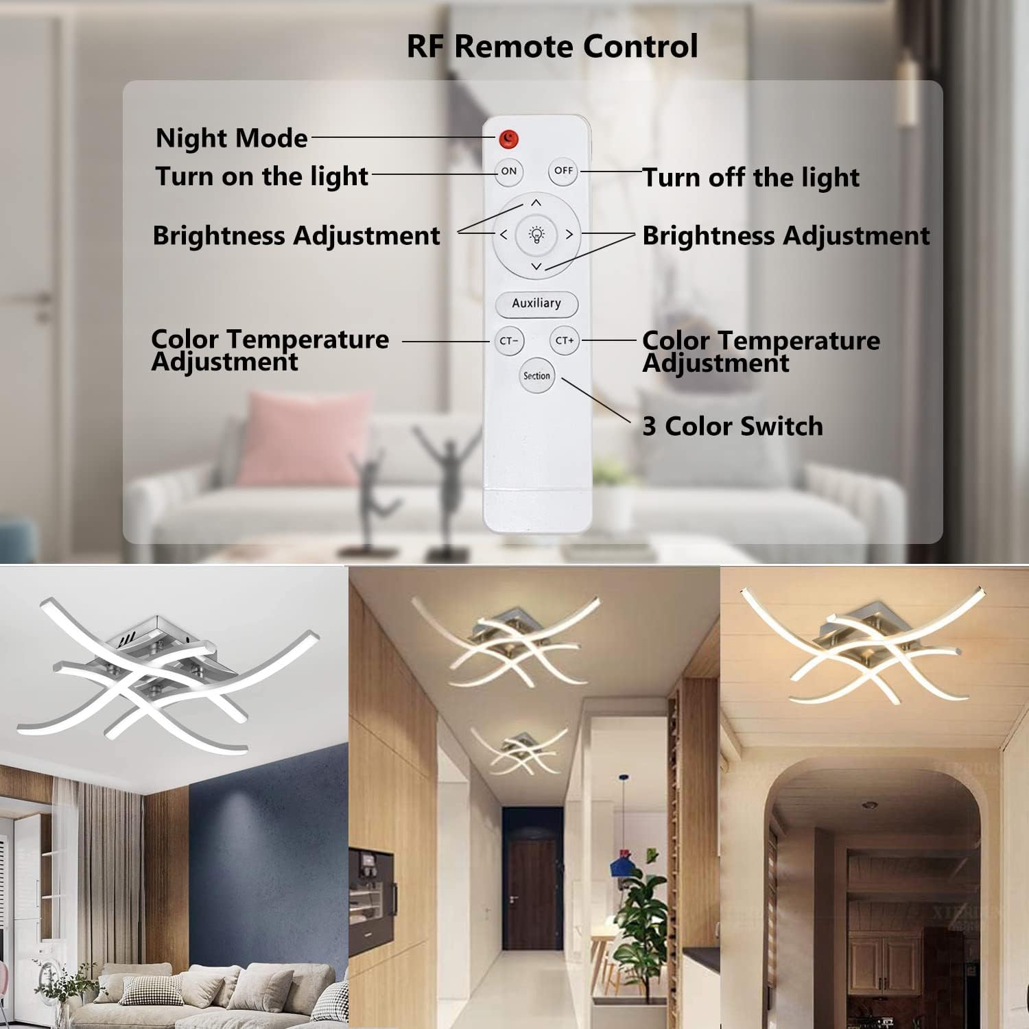 Modern Curved LED Ceiling Light with Remote Control
