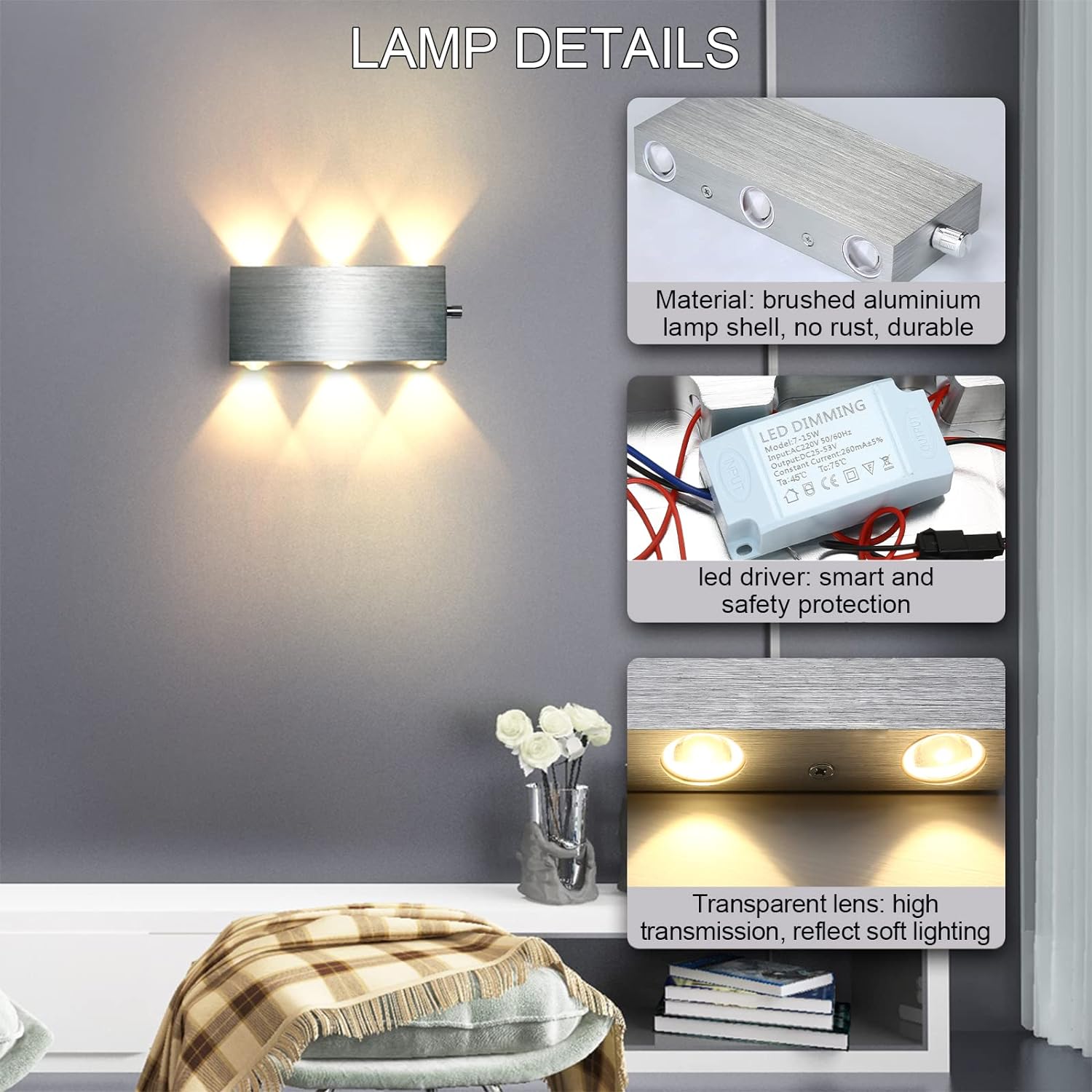 Led Wall Light With Switch Indoor Stepless Dimming Wall Lamp Brushed ...