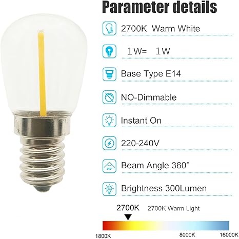 E14 LED Fridge Light Bulb, 1W SES T26, Energy-Saving 6000K Cold White ...