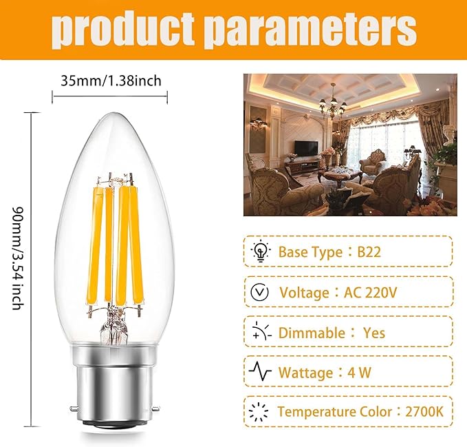 B22 LED Candle Bulbs | 4W Dimmable Filament