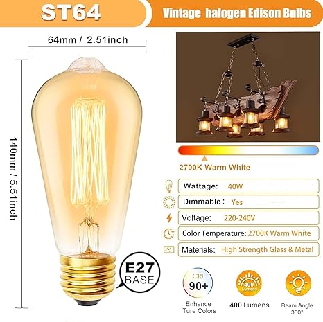 40W E27 ST64 Edison Screw Bulbs, Amber Retro Filament Light Bulbs,