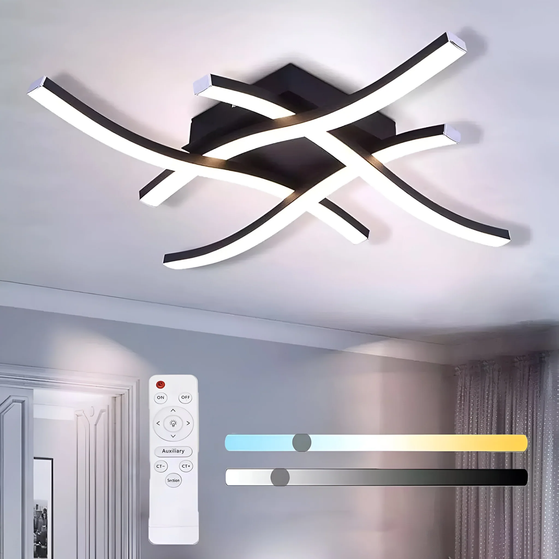 Modern LED Ceiling Light with 4 Wave Arms - Dimmable Lighting for ...