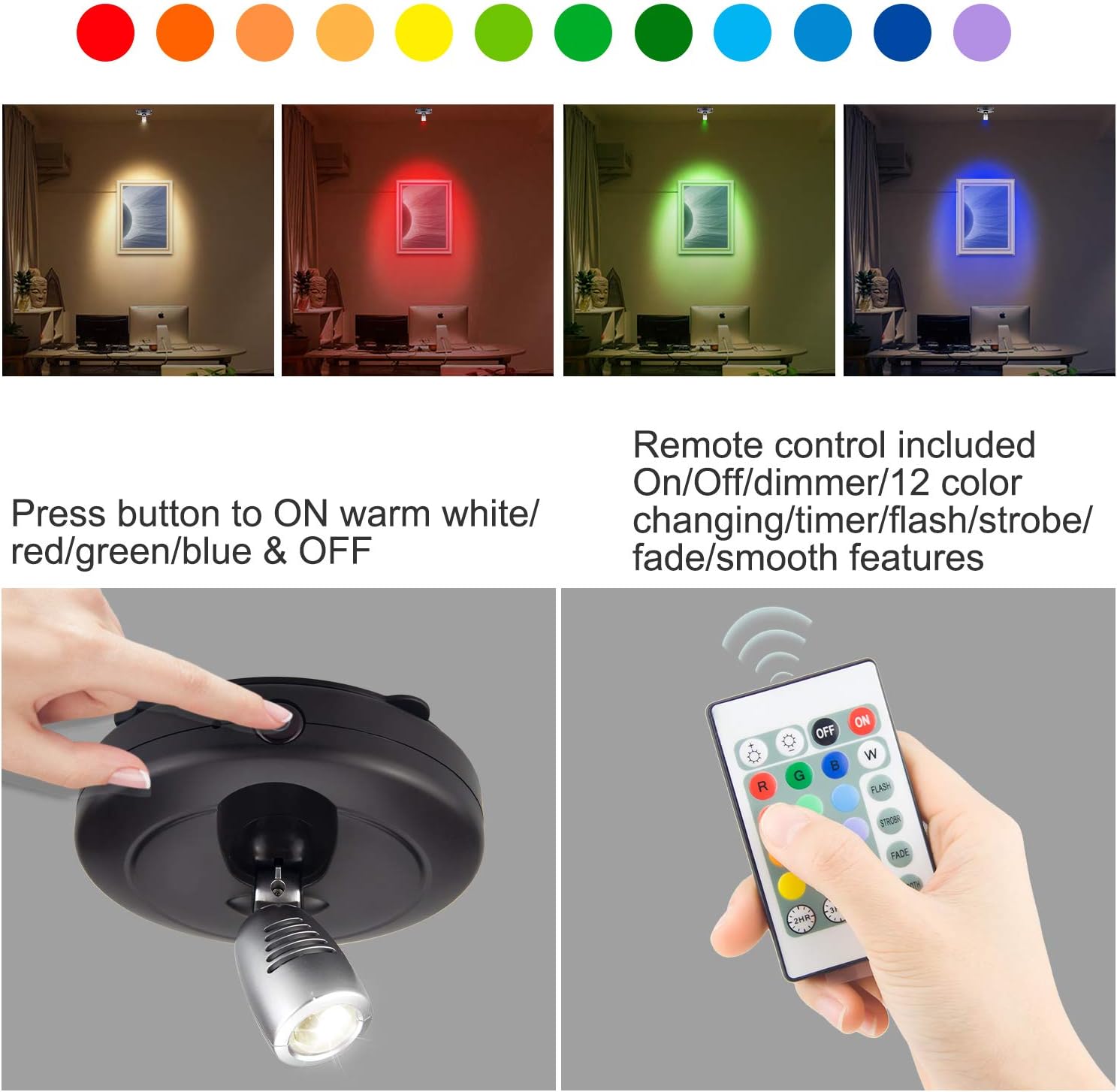 Wireless LED Spotlights – 12 RGB Colors, Remote Control, Rotatable Head ...