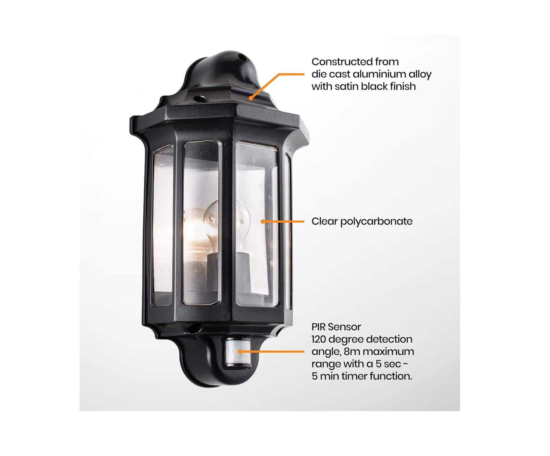 Black Outdoor Security Light - PIR Motion Sensor Wall Lantern