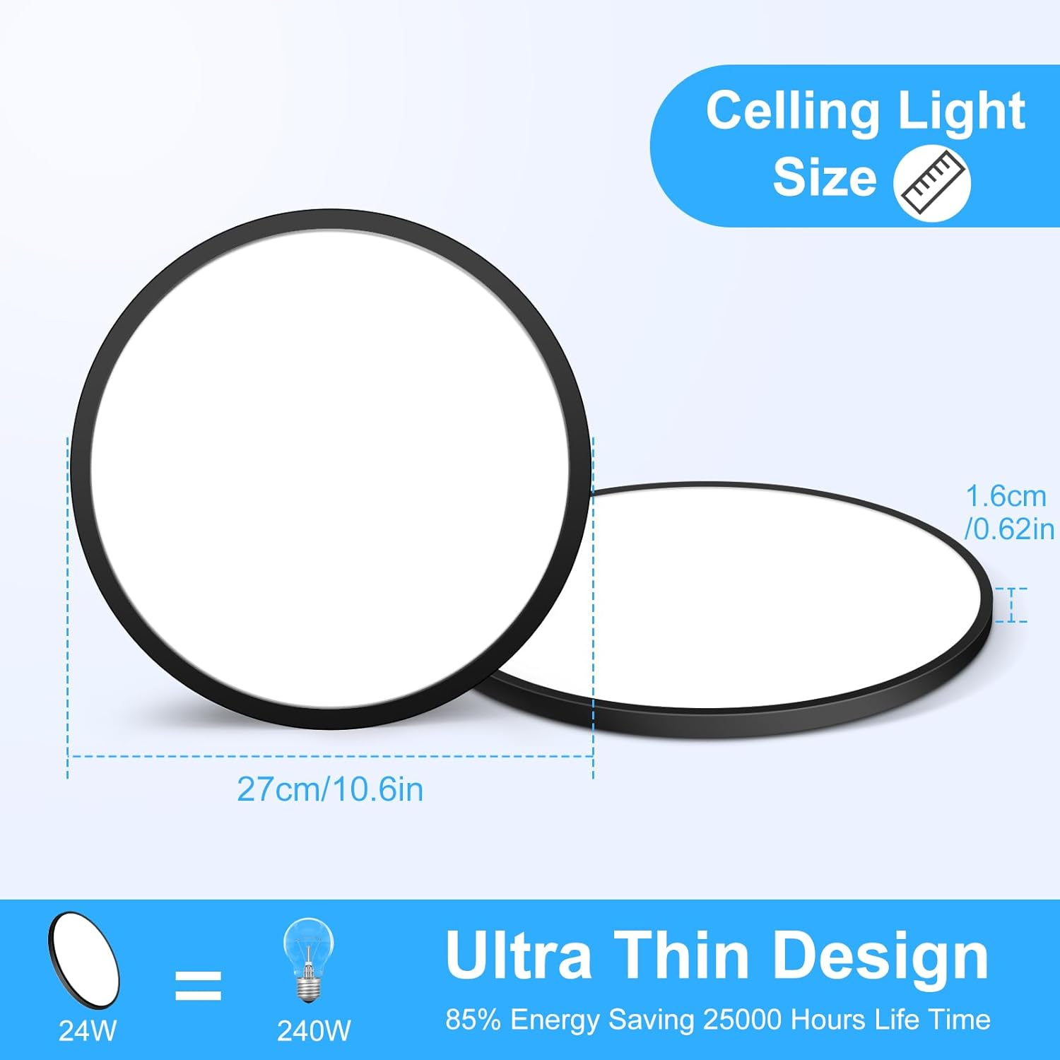 Dimmable 24W Round LED Ceiling Light Panel for Bathroom, Kitchen, and ...