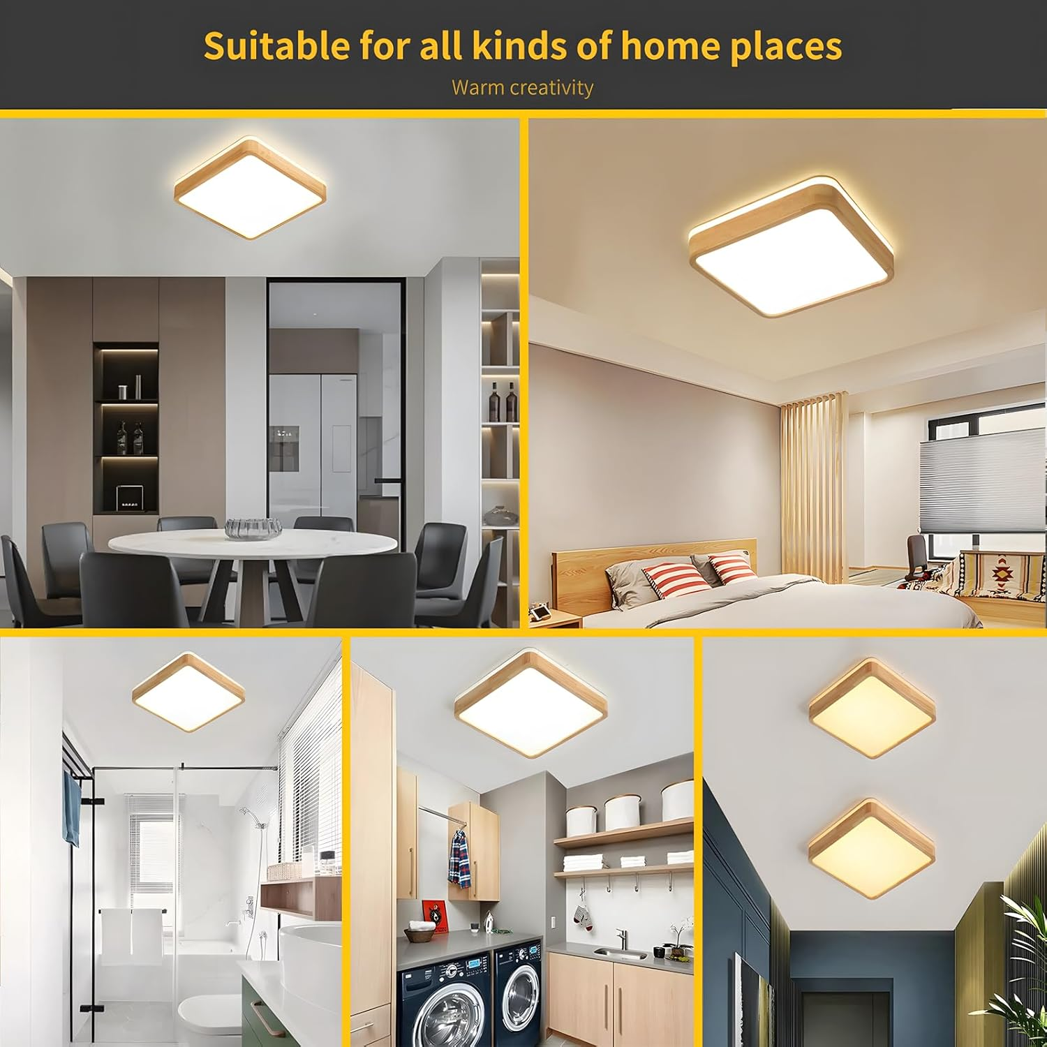 16-Inch 40W Wood Grain LED Ceiling Light | Modern Flat Square Design ...