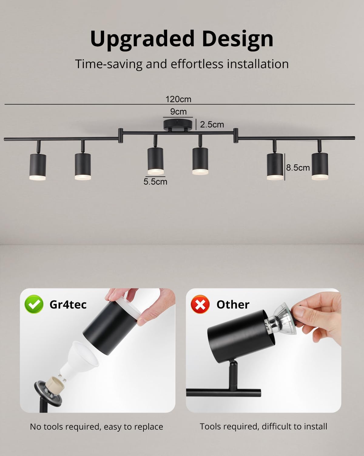 Gr4tec 6-Way Adjustable Black Ceiling Spotlight Bar | GU10 Fitting