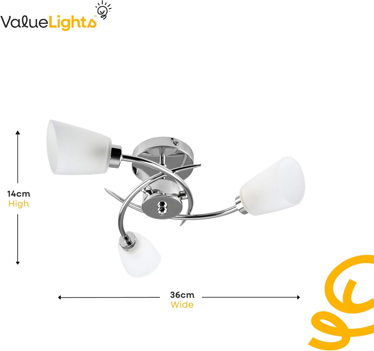 MiniSun Modern 3 Way Spiral Chrome Ceiling Light | Frosted Glass Shades