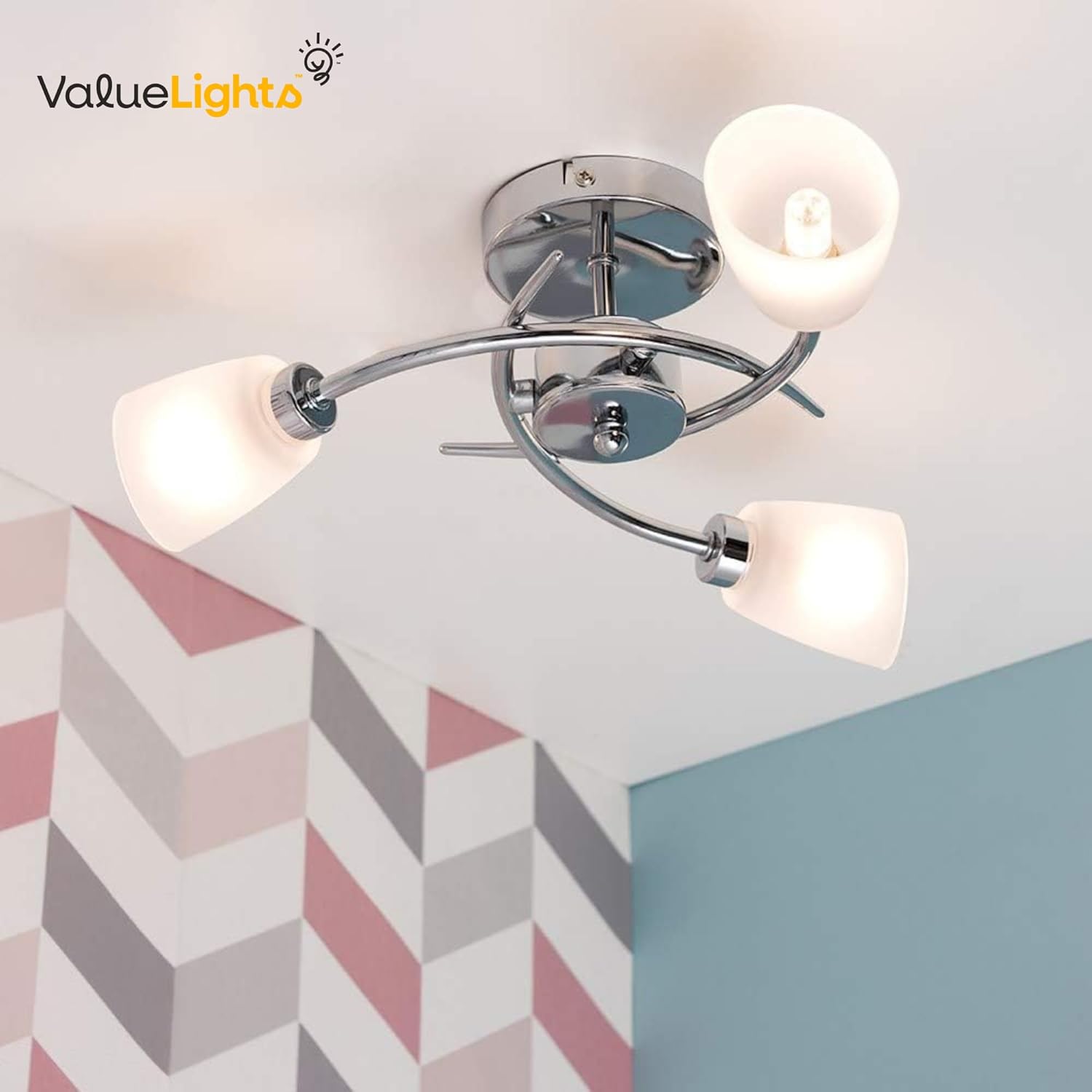 MiniSun Modern 3 Way Spiral Chrome Ceiling Light | Frosted Glass Shades