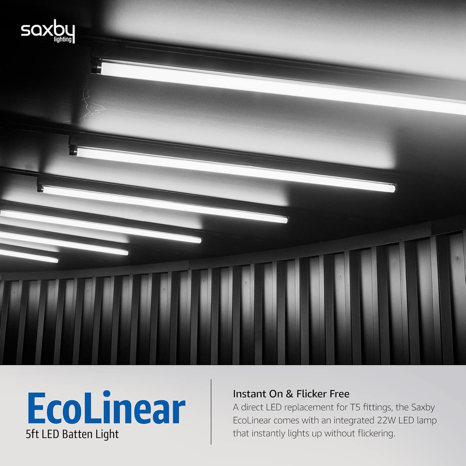 Saxby Ecolinear 5FT LED Batten Light | 4000K Cool White, 22W, IP20 Indoor